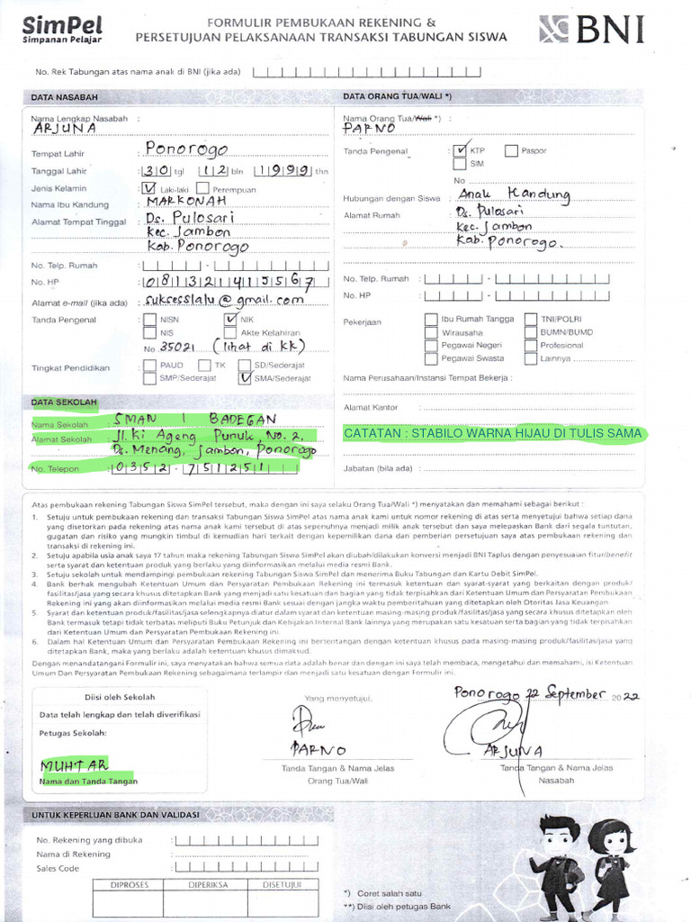 Contoh Pengisian Form Simpel Bni46 | PDF
