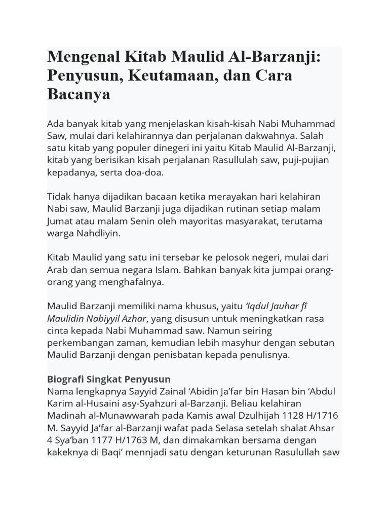 Kitab Maulid Al-Barzanji: Sejarah dan Bacaan | PDF