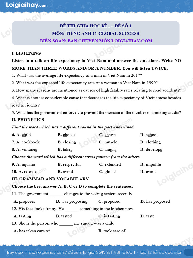 Tong Hop 3 de Thi Giua Hoc Ki 1 Tieng Anh 11 Global Success Co Dap An 1697018154 | PDF