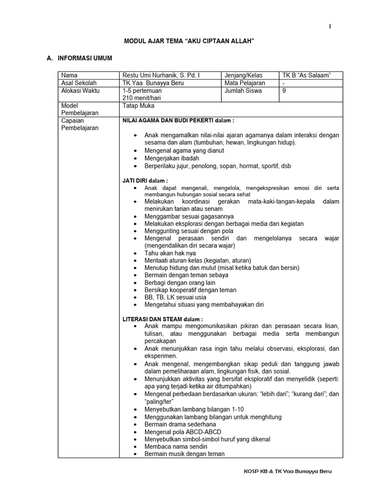 Modul Ajar Tema Diriku | PDF
