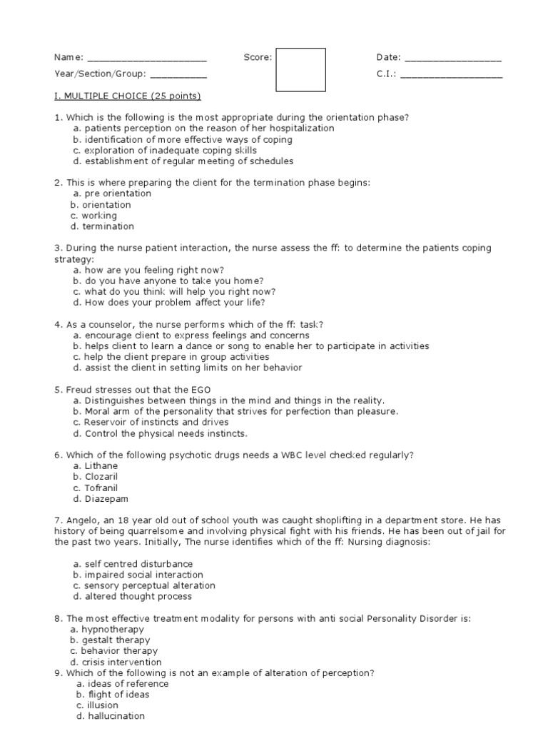 Sample Quiz in Psychiatric Nursing | PDF | Coping (Psychology ...