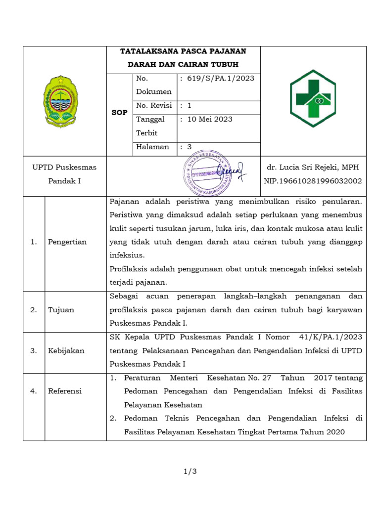 619 - Sop Tatalaksana Pasca Pajanan Darah Dan Cairan Tubuh | PDF | Sains & Matematika