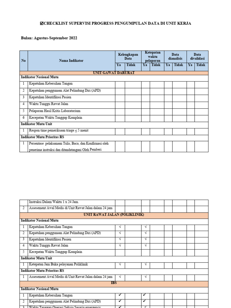 Checklist Supervisi Progress Pengumpulan Data Unit Kerja Bulan Agustus ...