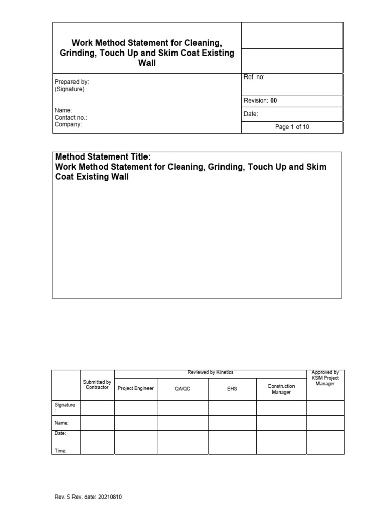 Work Method Statement For Cleaning, Grinding & Skim Coat Existing Wall ...