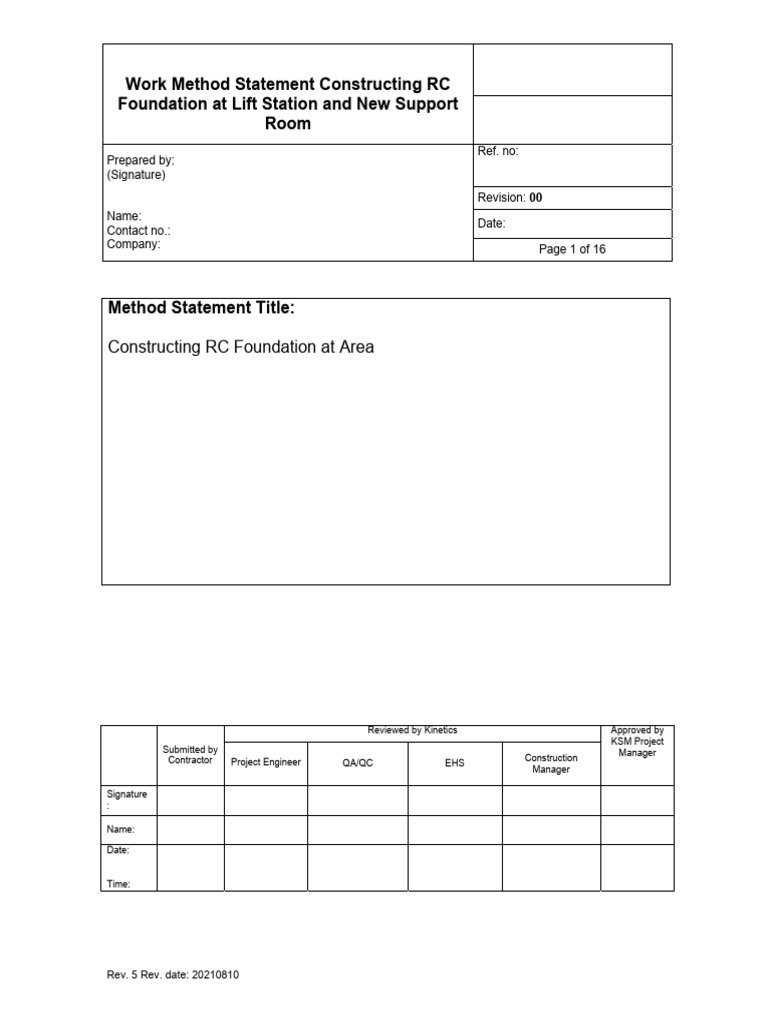 Work Method Statement For Constructing Rc Foundation Pdf 