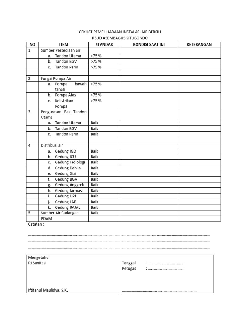 MFK 8 Ep.1 Revisi Ceklist Pemeliharaan Instalasi Air Bersih | PDF