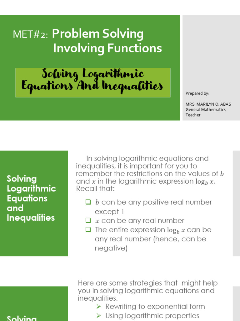 Solving Logarithmic Equations and Inequalities Part 1 | PDF | Logarithm | Equations