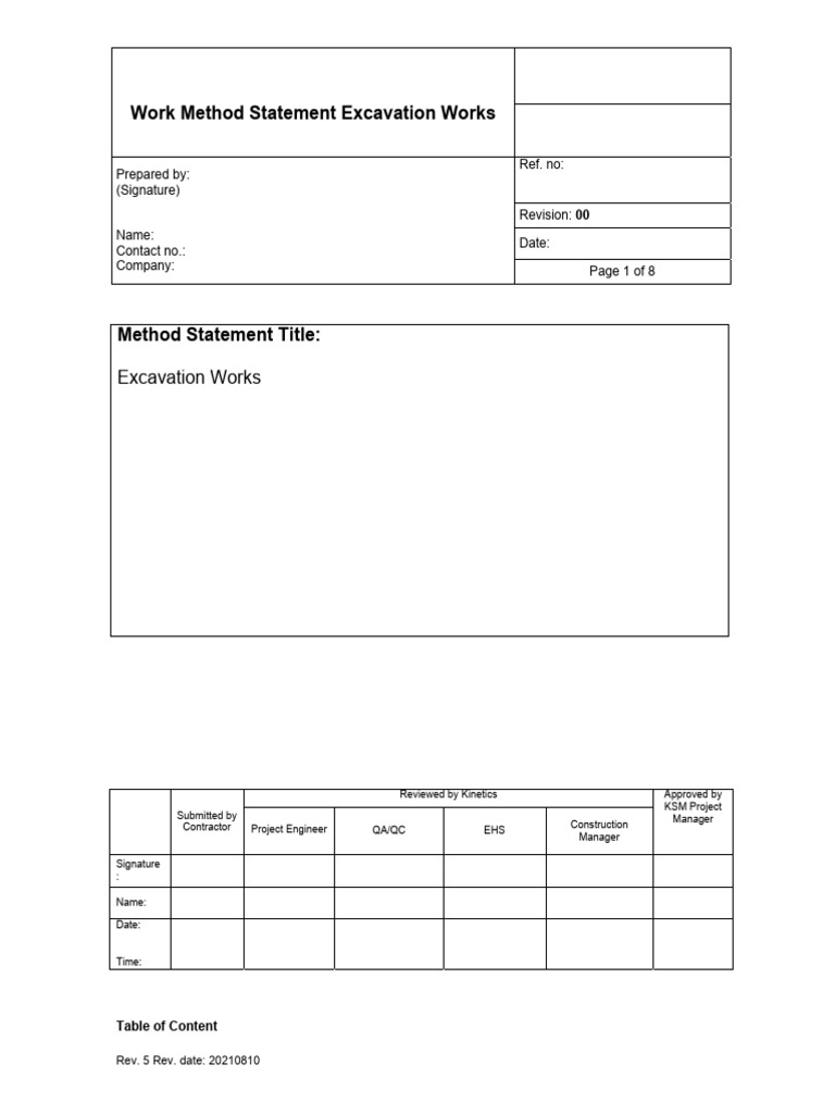 Work Method Statement For Excavation Works | PDF