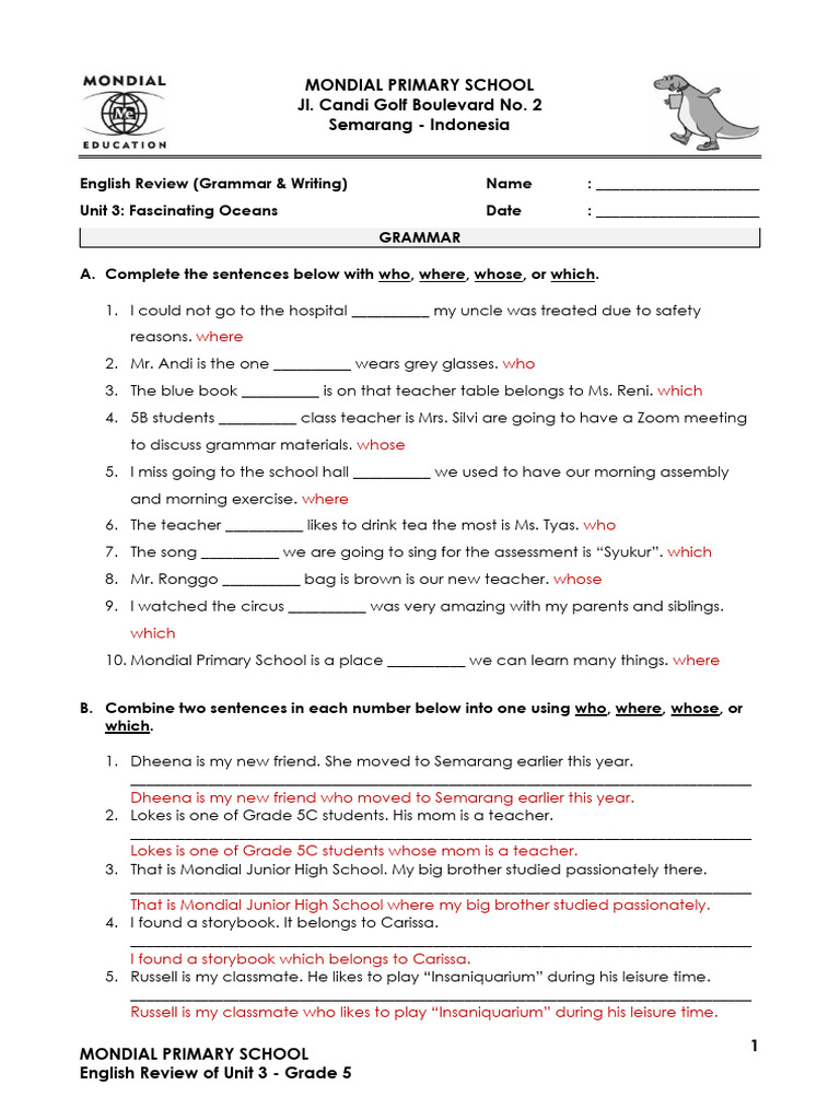 English Review of Unit 3 (Grammar & Writing) - Answer Key | PDF ...