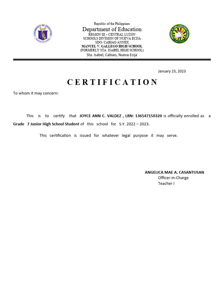 Certification of Enrolment | PDF