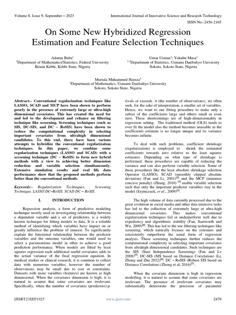 On Some New Hybridized Regression Estimation And Feature Selection Techniques Pdf