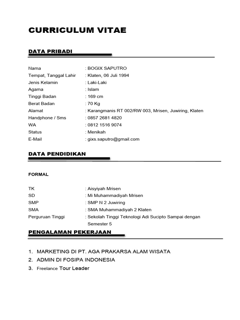 CV Bogix Saputro: Data Pribadi & Pengalaman | PDF