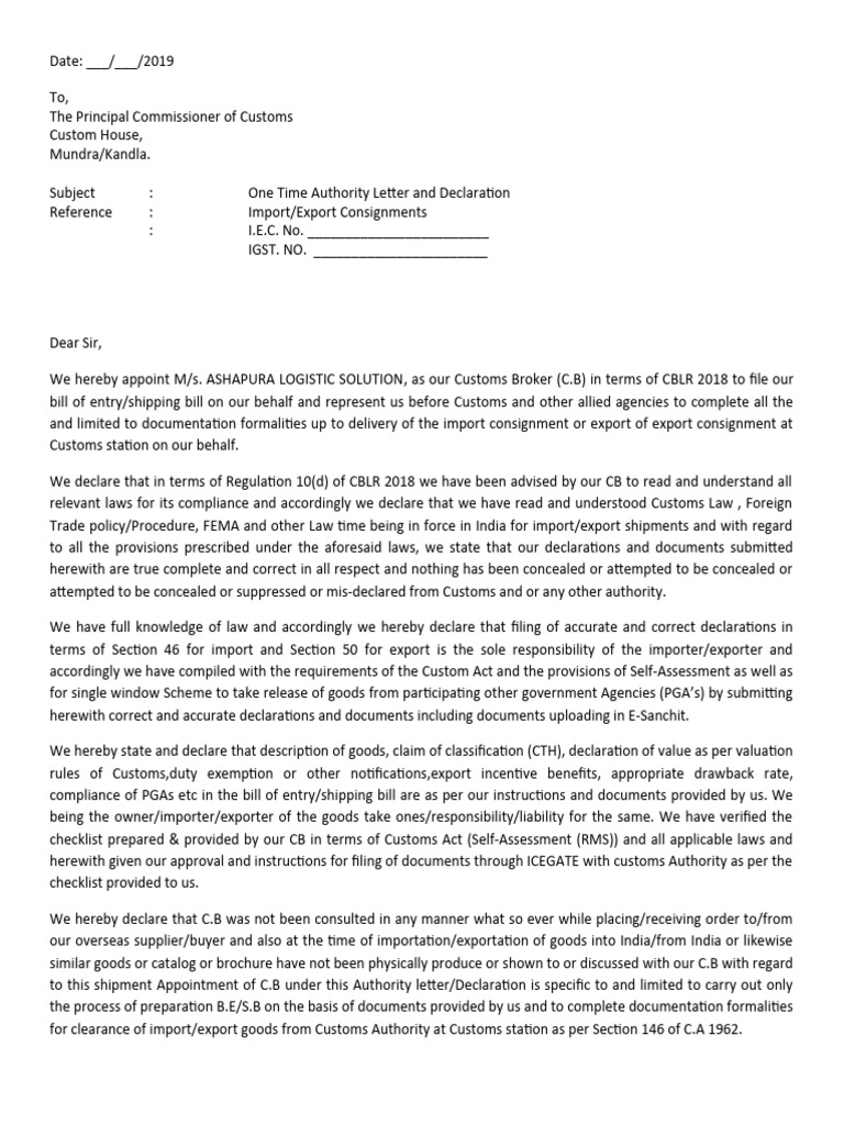 CHA Authority Letter for Customs Clearance | PDF