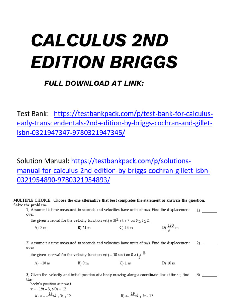 Calculus 2nd Edition Briggs Test Bank 1 | PDF Calculus 2nd Edition Briggs Test Bank 1 | PDF