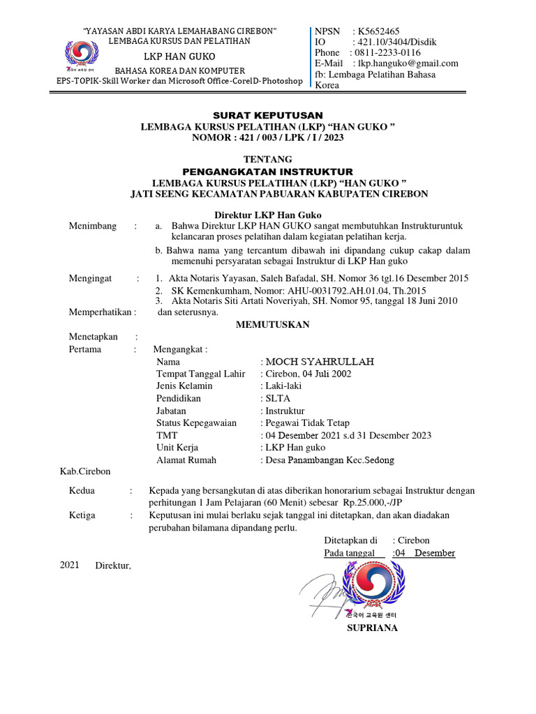 Pengangkatan Instruktur LKP Han Guko | PDF