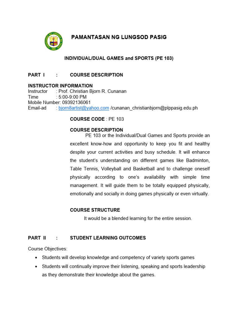 PE 103: Individual/Dual Sports Course Guide | PDF | Career & Growth | Sports & Recreation
