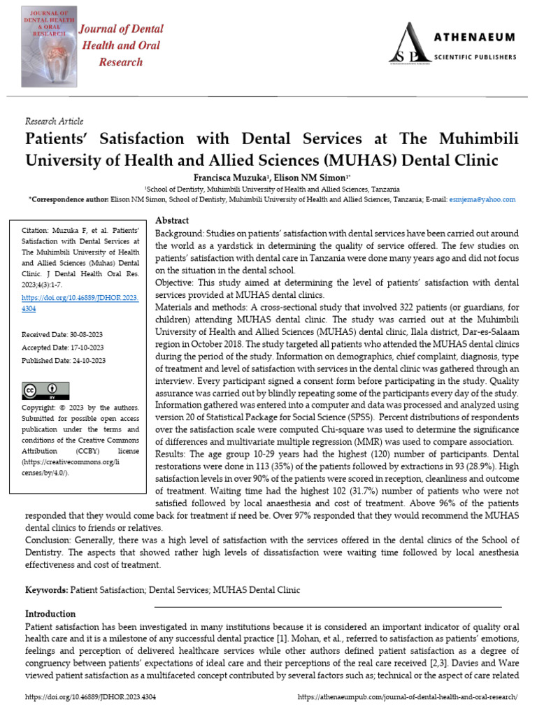 Patients Satisfaction With Dental Services at The Muhimbili University ...