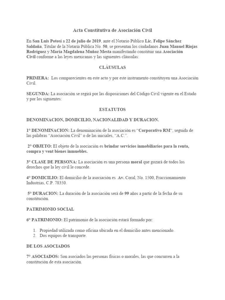 Acta Constitutiva de Asociación Civil | PDF