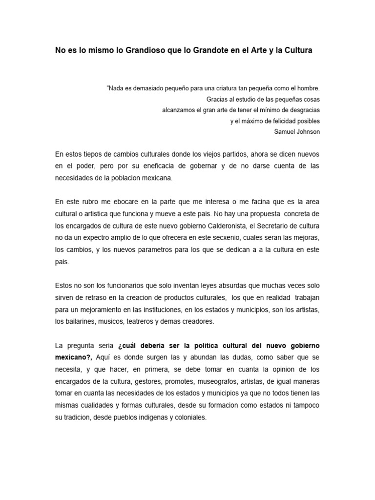 No Es Lo Mismo Lo Grandioso Que Lo Grandote en El Arte y La Cultura | PDF