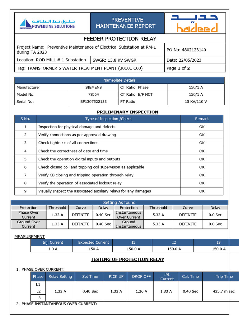 Feeder Protection Relay: Preventive Maintenance Report | PDF