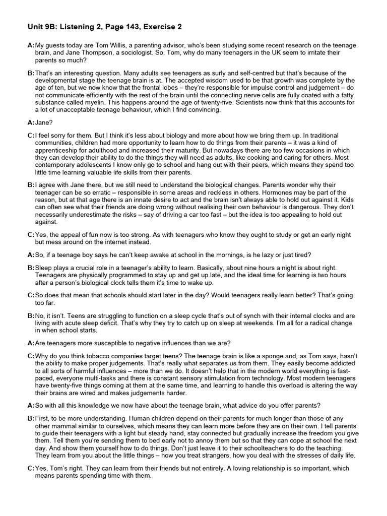 Unit 9b Listening p143 Audio Script | PDF | Adolescence | Sleep