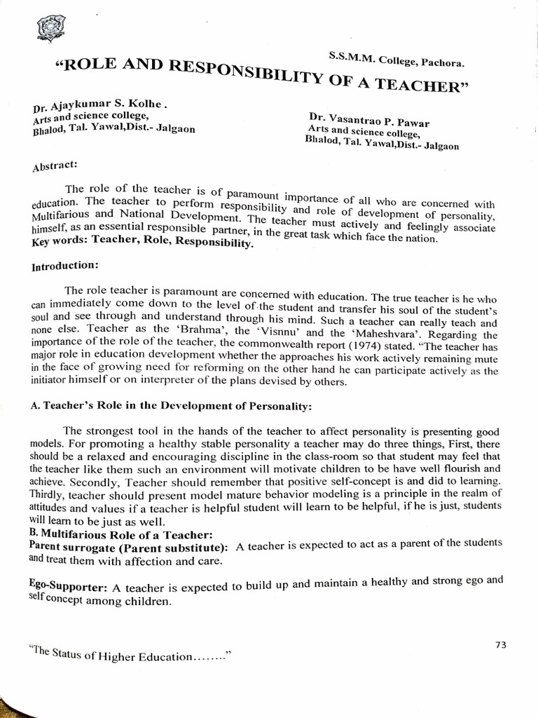 Role and Responsibilities of Teachers | PDF | Teachers | Self Concept