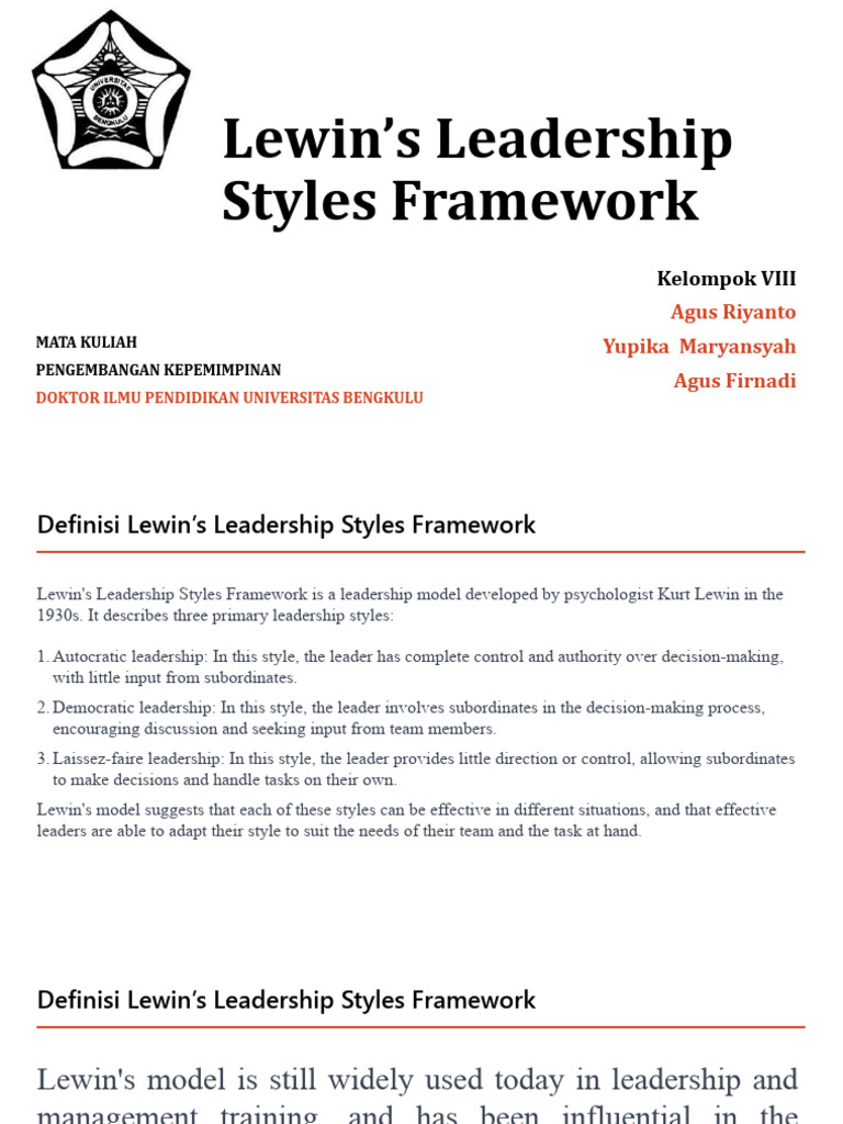 Lewin's Leadership Styles Framework (Presentasi) | PDF Lewin's Leadership Styles Framework (Presentasi) | PDF