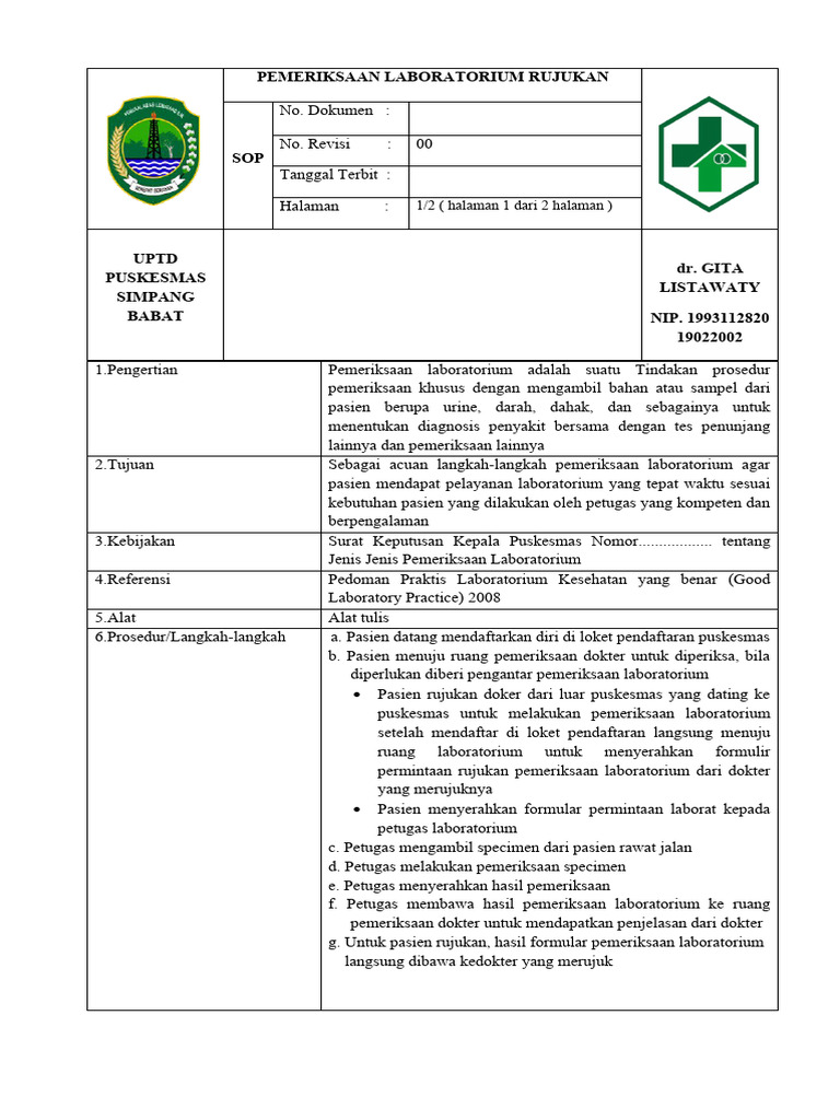Sop Pemeriksaan Laboratorium Rujukan | PDF