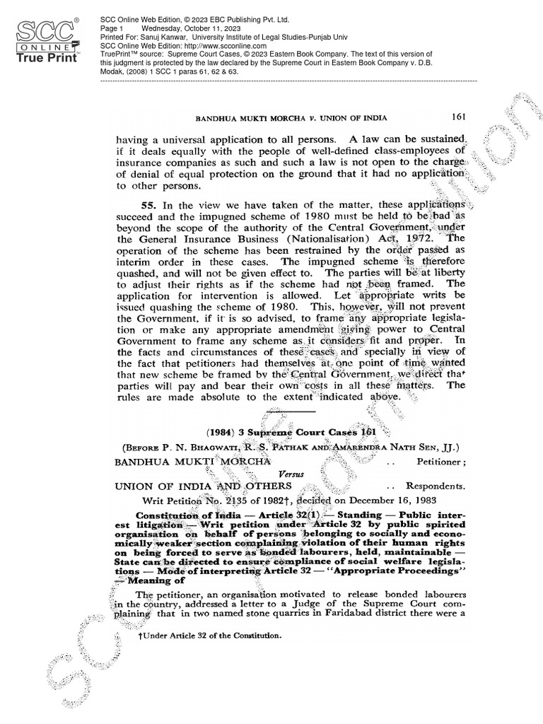 Bandhua Mukti Morcha v. Union of India, (1984) 3 SCC 161 | PDF