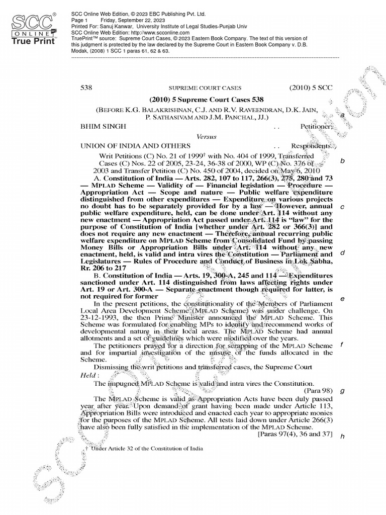 Bhim Singh V Union of India, (2010) 5 SCC 538 - 231011 - 145425 | PDF