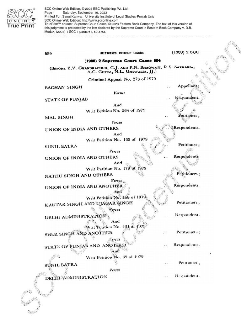 Bachan Singh V State of Punjab, (1980) 2 SCC 684 - 231011 - 145318 | PDF