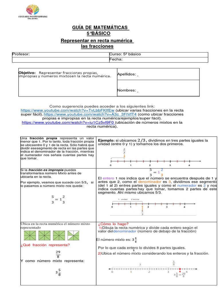 Guía de Matemáticas 5°básico Representar en Recta Numérica Las Fracciones | PDF