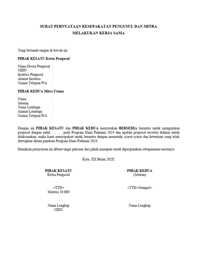 Surat Pernyataan Kesepakatan Pengusul Dan Mitra Melakukan Kerja Sama | PDF