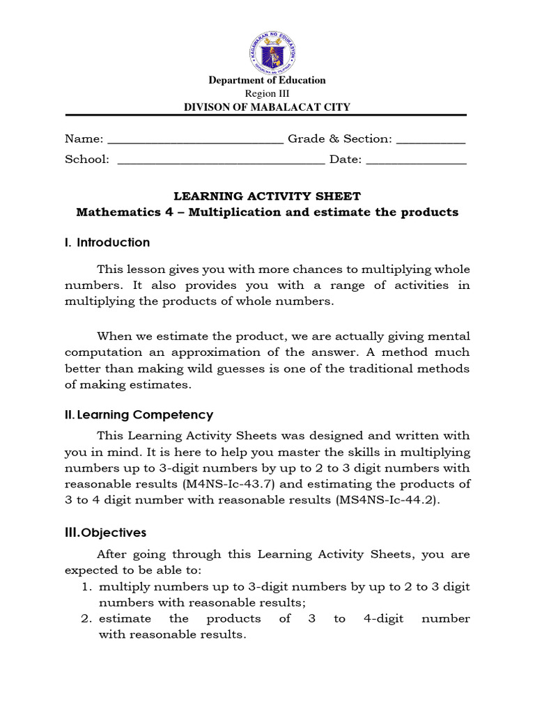 Math4 - Q1 - WK3 - Multiplication and Estimate The Product EVALUATED | PDF
