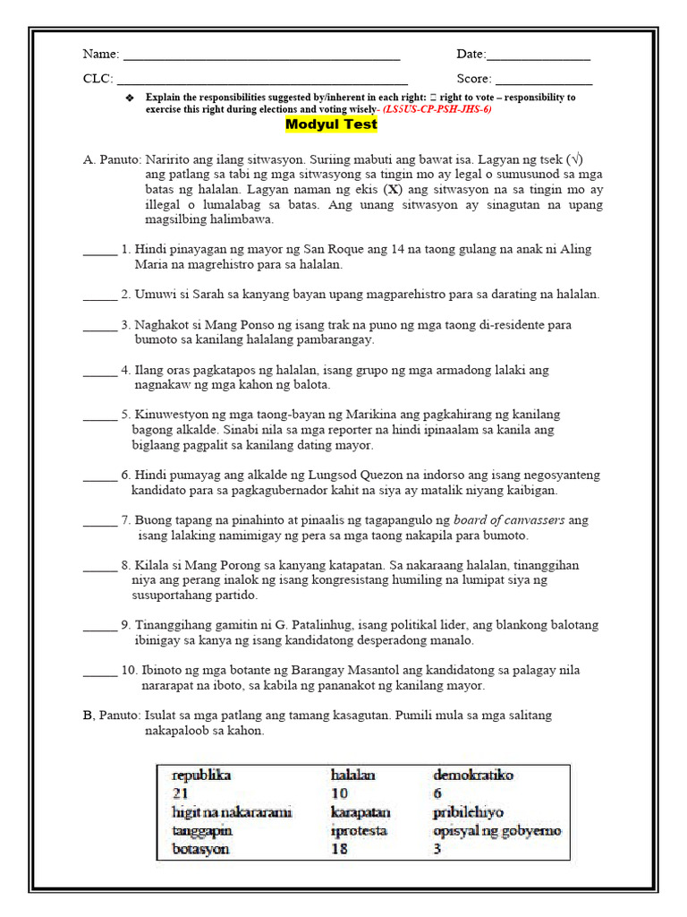 LS5-Worksheets-Makibahagi Sa Eleksyon. | PDF