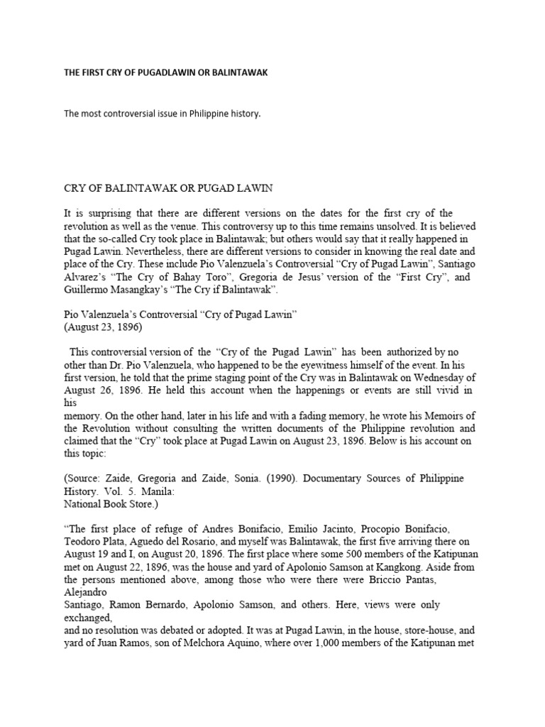 The First Cry of Pugadlawin or Balintawak | PDF | Politics | Social Science