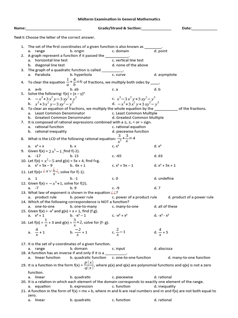 Gen Math Test - Quarter 1 | PDF