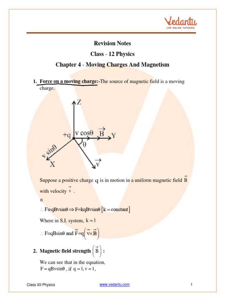 Moving Charges and Magnetism Class 12 Notes CBSE Physics Chapter 4 (PDF ...