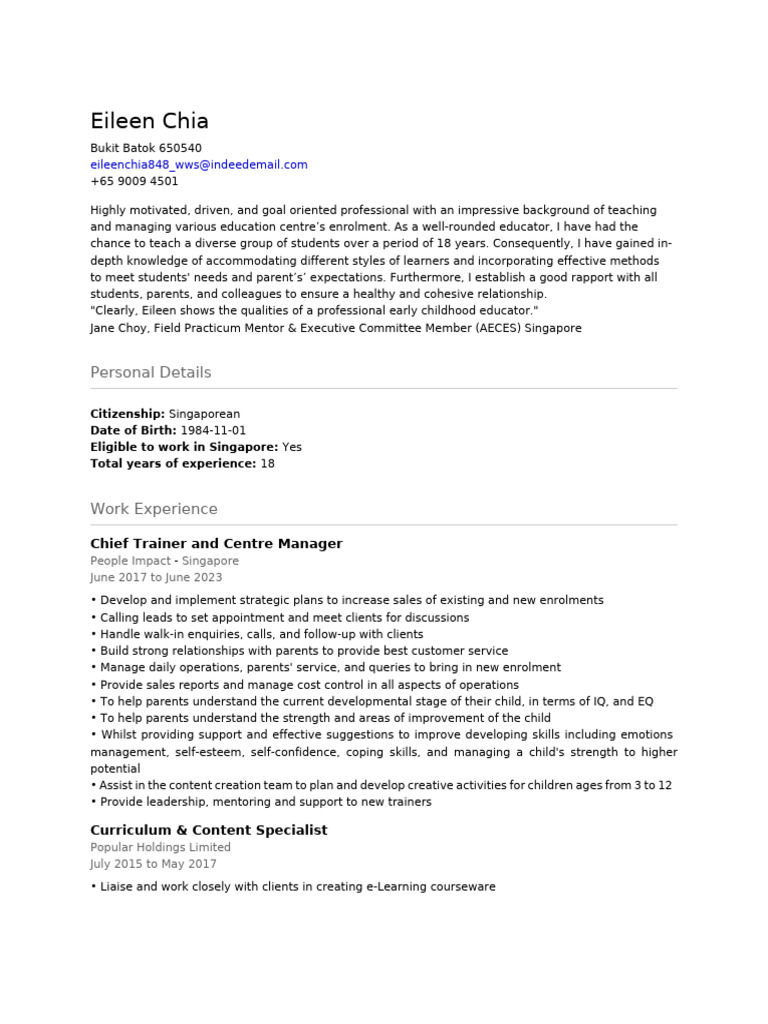 Eileen Chia: Experienced Early Childhood Educator | PDF | Career ...