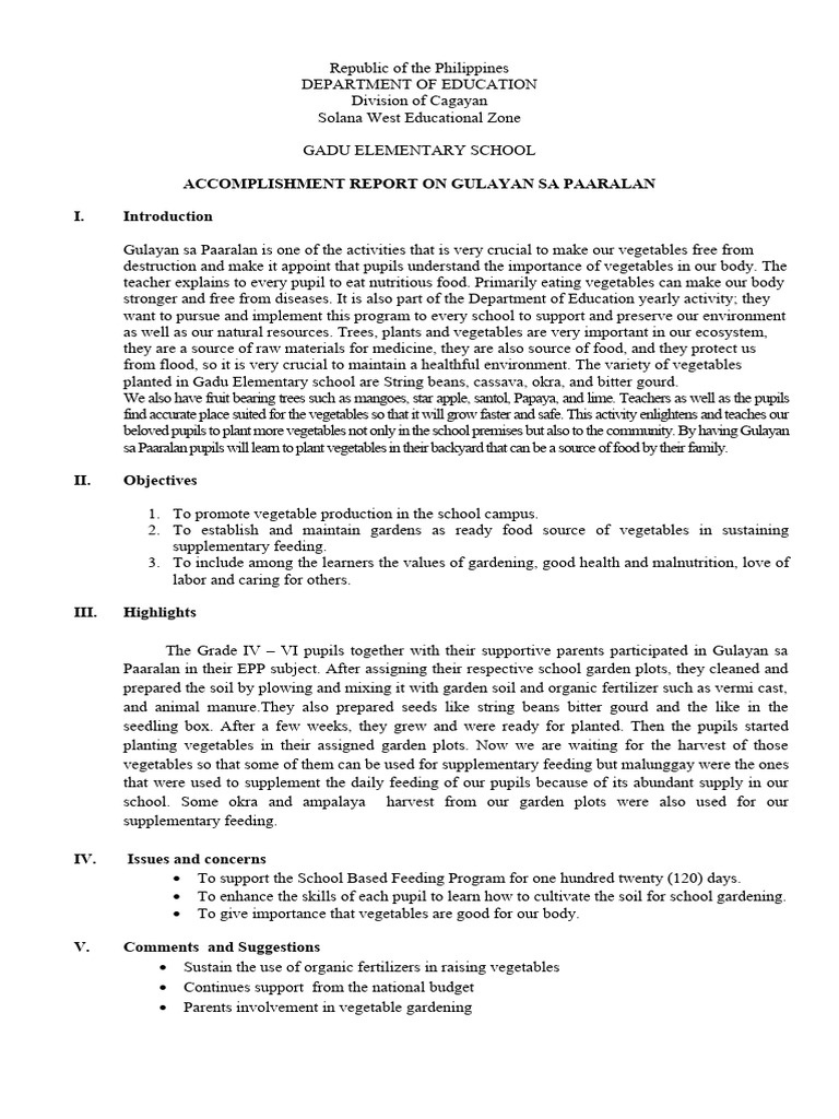 Accomplishment Report On Gulayan Sa Paaralan With Pictures 2 | PDF ...