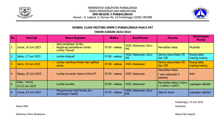 Jadwal Class Meeting SMPN 5 | PDF