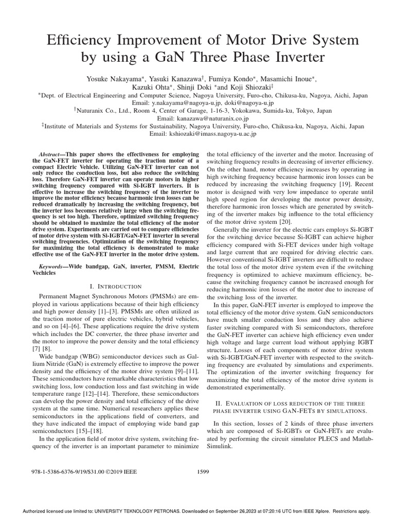 Efficiency Improvement of Motor Drive System by Using A GaN Three Phase Inverter | PDF | Power ...