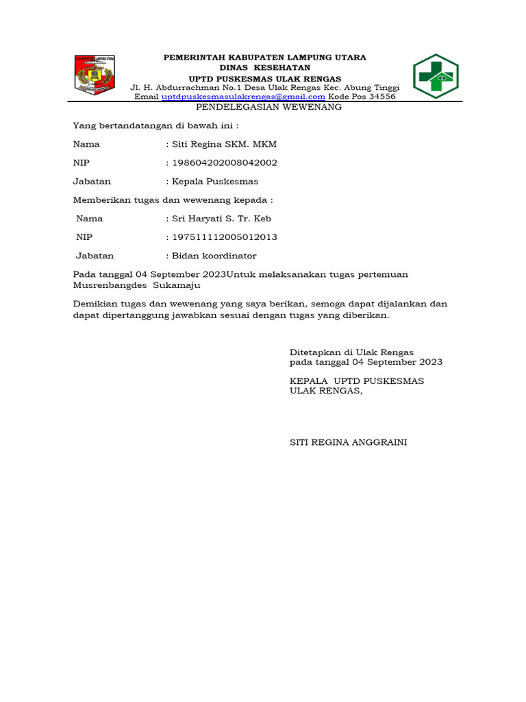 Delegasi Wewenang Puskesmas Ulak Rengas | PDF
