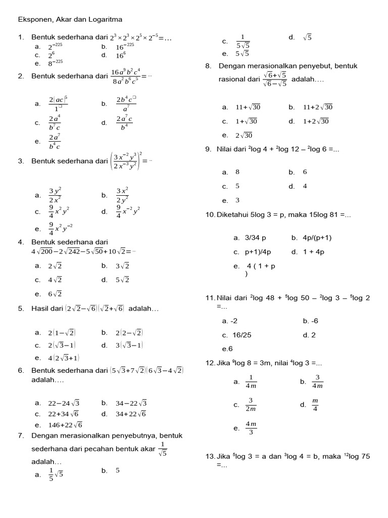 Soal Eksponen, Akar, Logaritma | PDF