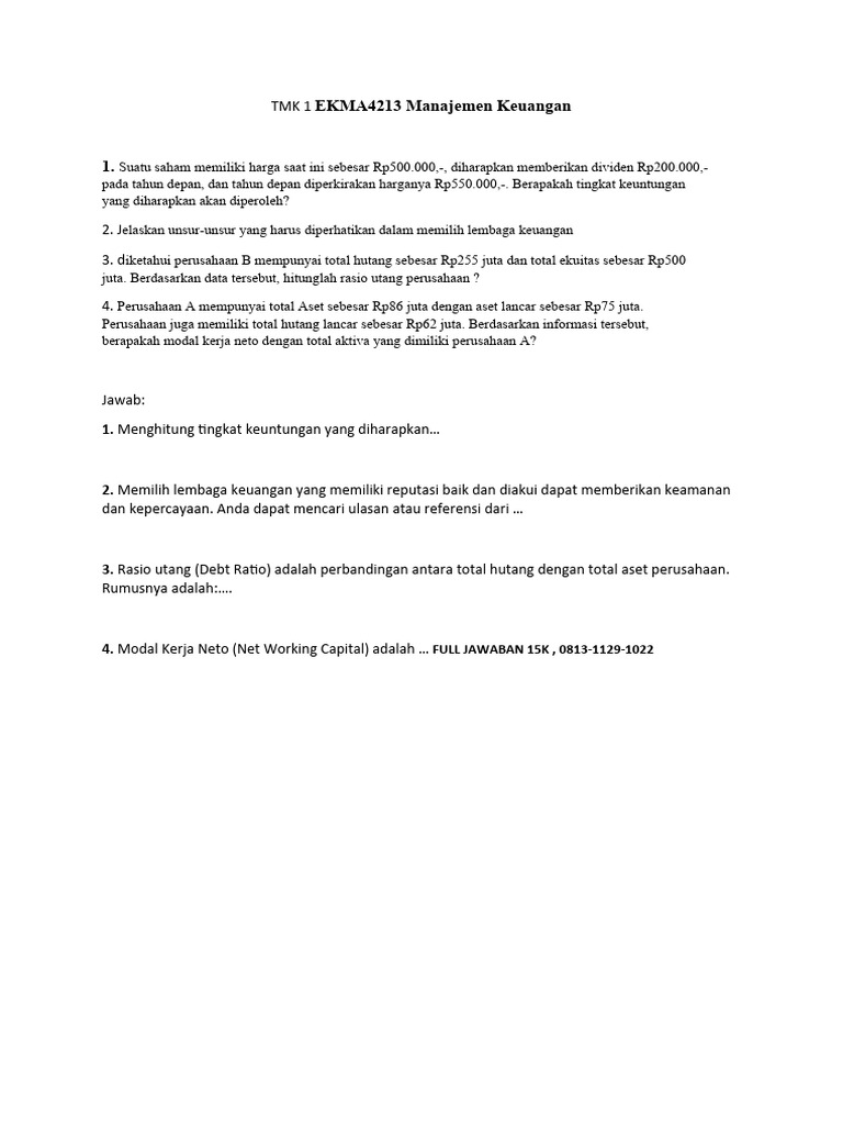 TMK 1 EKMA4213 Manajemen Keuangan | PDF