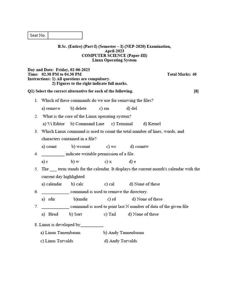 Linux Operating System Exam Paper 2023 | PDF