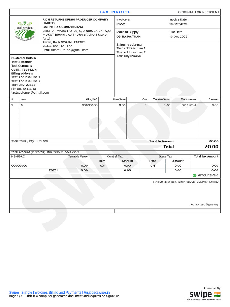 INV 2 For Test Company | PDF