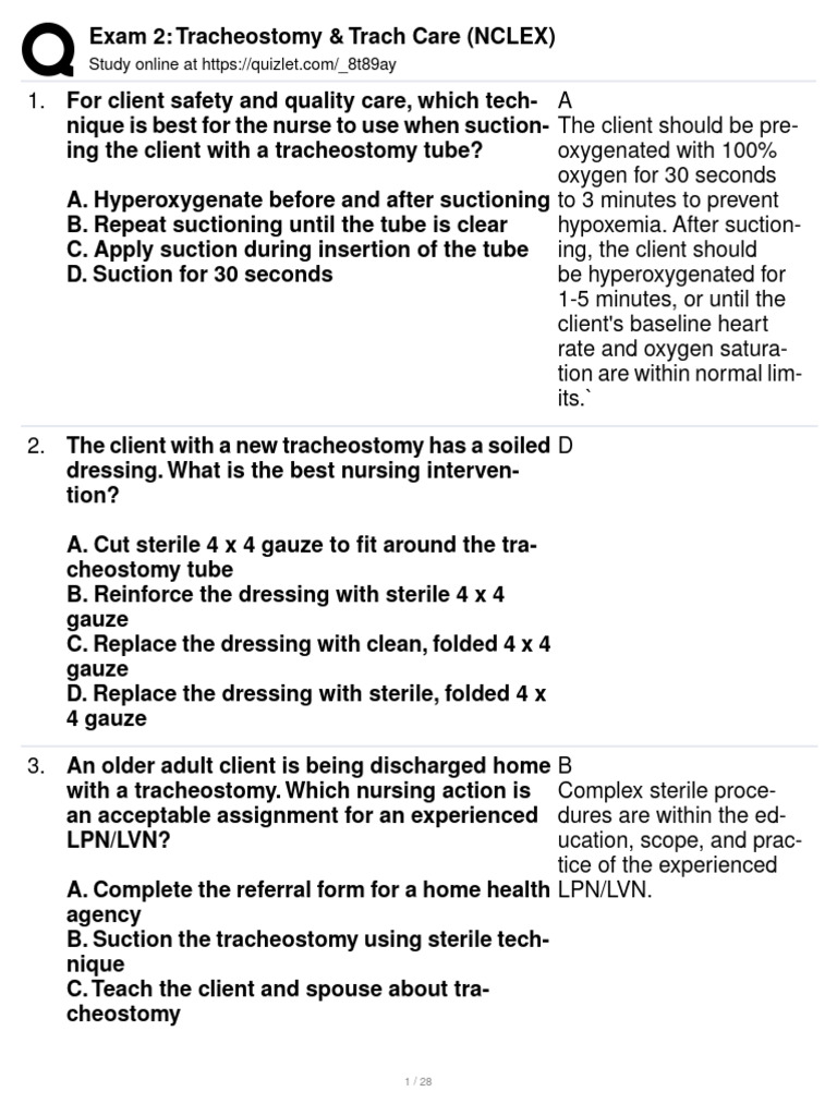 Tracheostomy Care NCLEX Exam Review | PDF | National Council Licensure ...