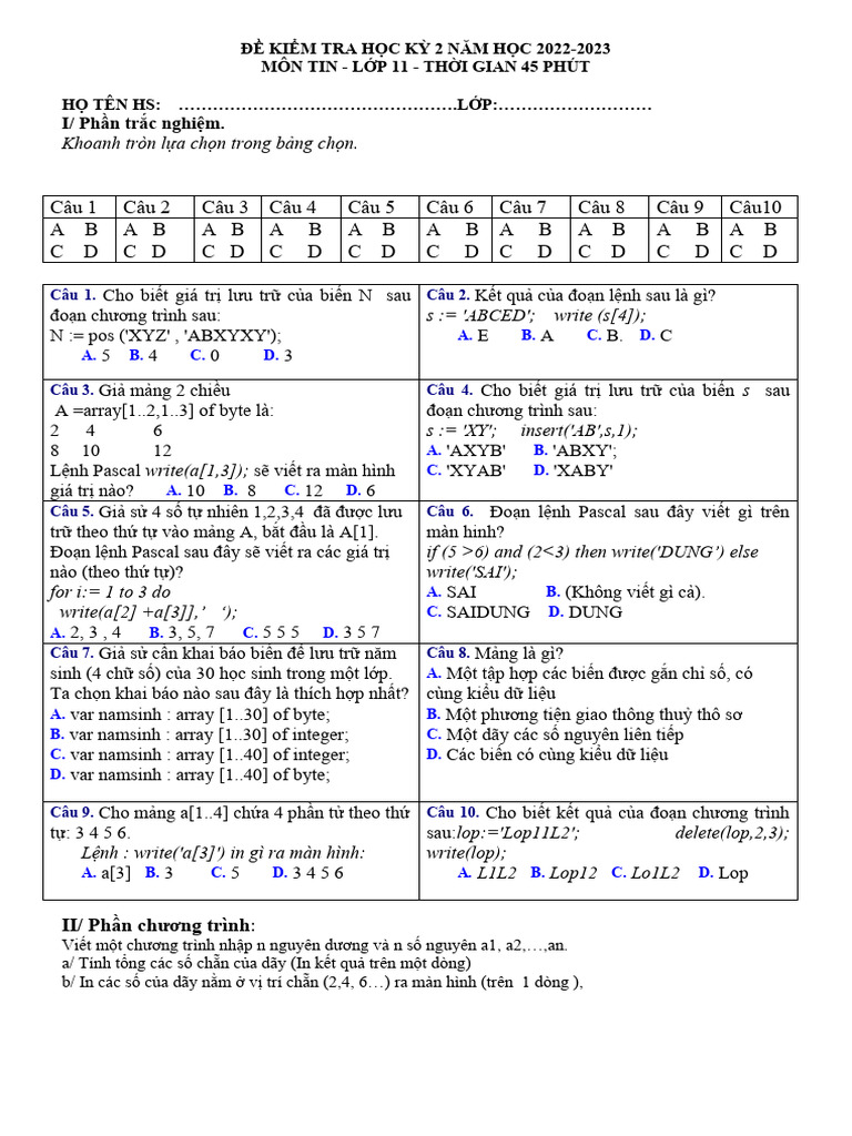 De Thi Hk2 Tin Hoc 11 de 2 | PDF