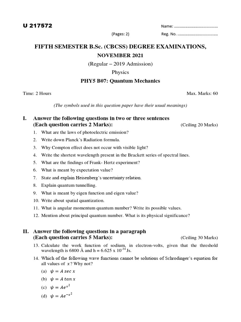 Quantum Mechanics Exam Questions 2021 | PDF | Waves | Electron